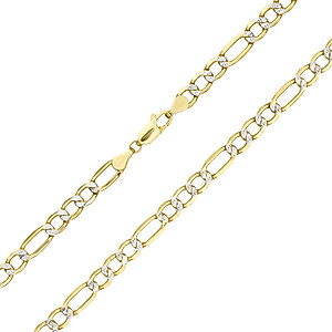 Nuragold 10k Yellow Gold 5.5mm Figaro Chain Link Diamond Cut Pave Two Tone Bracelet, Mens Womens Jewelry 7" 7.5" 8" 8.5" 9"