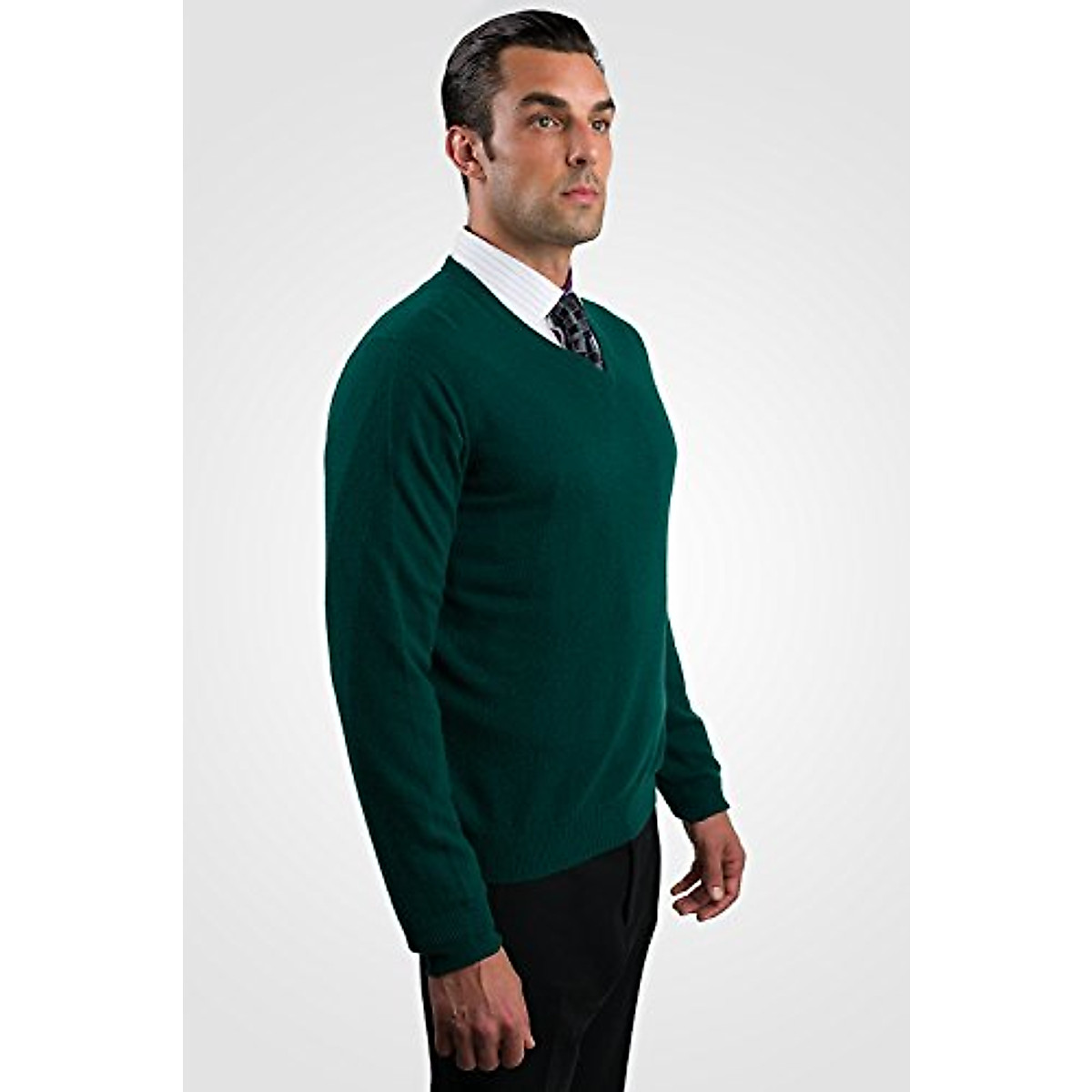 JENNIE LIU Men's 100% Pure Cashmere Long Sleeve Pullover V Neck Sweater (XXL, Green)