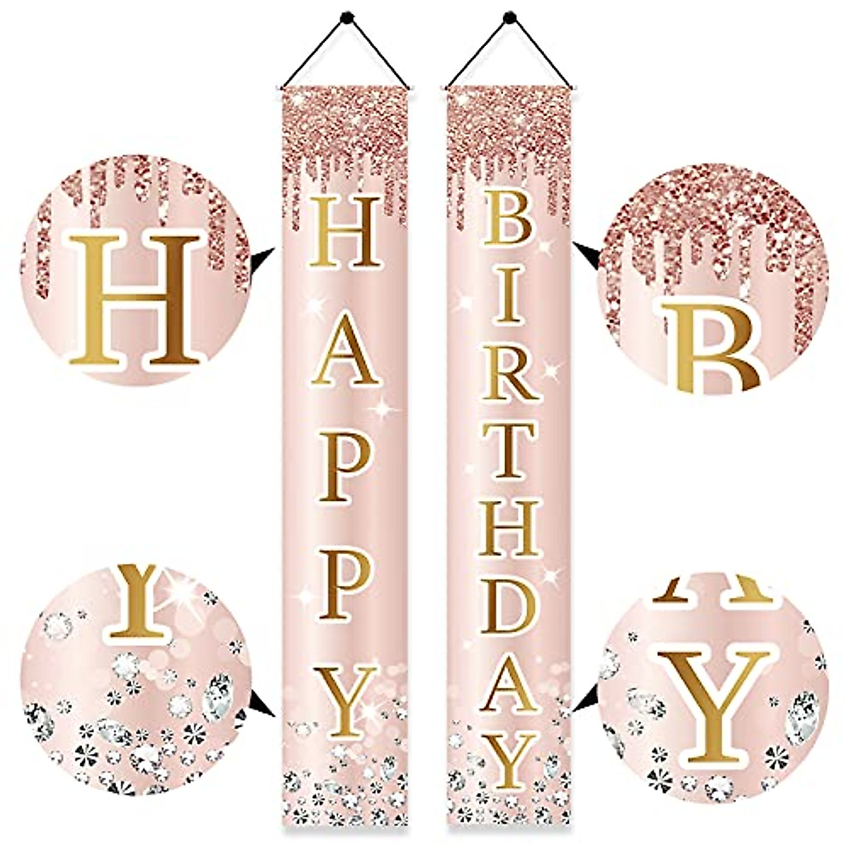 Pink Rose Gold Happy Birthday Door Banner Decorations, Birthday Party Porch Sign Supplies for Women Girls, Sweet 16th 21st 30th 40th 50th 60th Birthday Decor
