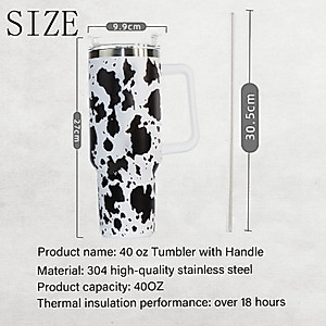 QEAGVJ 40oz Cow print Insulated Tumbler With Lid and Straws,Stainless Steel Coffee Tumbler with handle,Double Vacuum Leak Proof Travel Mug Coffee Mug Cup Water Bottle For Home, Office, Party…