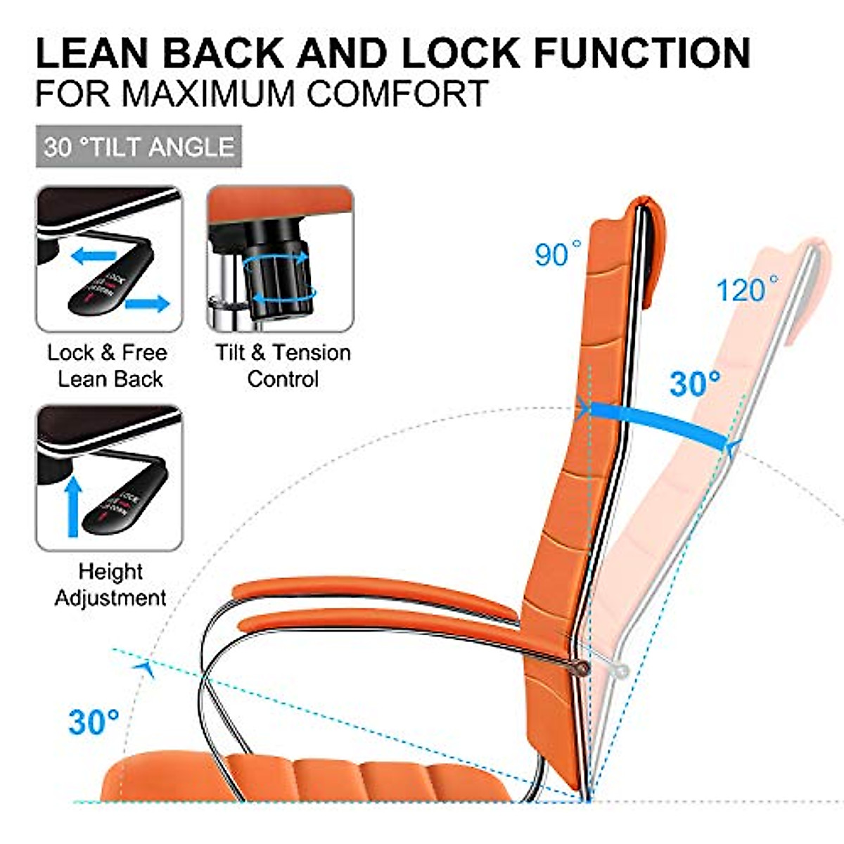 LUXMOD High Back Office Chair with Armrest, Orange Adjustable Swivel Chair in Durable Vegan Leather, Ergonomic Desk Chair for Extra Back & Lumbar Support –Orange, Janus Collection