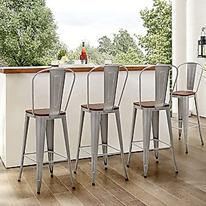 Sophia & William 30" Metal Bar Stools Set of 4 High Back Counter Height Barstools with Wooden Seat,Indoor/Outdoor Barstools,Matte Silver Gray