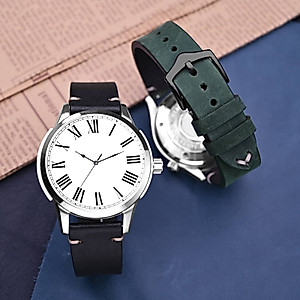 BISONSTRAP Men's Watch Bands, Hand-Stitched Leather Watch Straps, Quick Release, 20mm, Black with Silver Buckle