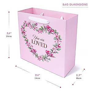 Gift Bag Set You are loved, Medium 9.4" Gift Bag With Tissue Paper, Romantic Card, And Ribbon Handles (Pink, Floral Heart, Love), Valentine's Day, Mothers Day