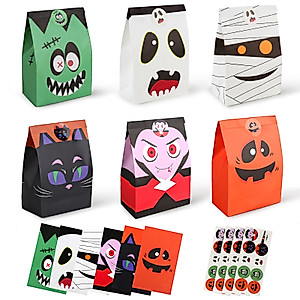 Rulyyo Halloween Goodie Bags with Stickers - 6 Design, 36 PCS Halloween Candy Bags Cute Halloween Treat Bags Halloween Paper Bags Trick or Treat Halloween Bags Halloween Party Favors Decorations