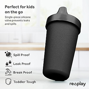 Re-Play Made in USA 10 Oz. Sippy Cups for Toddlers, Pack of 1 - Reusable Spill Proof Cups for Kids, Dishwasher/Microwave Safe - Hard Spout Sippy Cups for Toddlers 3.13" x 6.25", Black