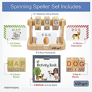 Real Wood Spin and Read Montessori Phonetic Reading Blocks Combines Spelling Blocks with Phonics flashcards for a Frustration Free Spelling for Kids and Beginner CVC Reading
