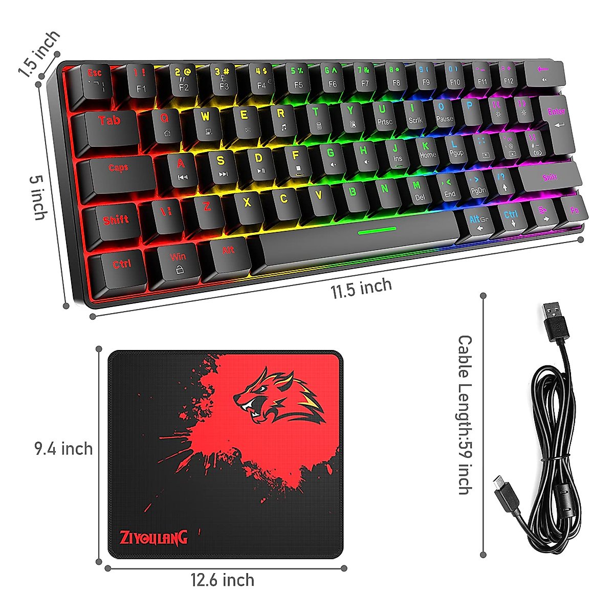 60% True Mechanical Gaming Keyboard Ultra-compact with 20 Rainbow Backlit Type C Wired Programmable 62 Keys Linear Red Switch Waterproof Non-Conflict and Gaming Mouse Pad  for PC/Laptop/PS5（Black)