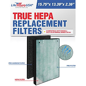 LifeSupplyUSA 3-in-1 True HEPA Air Cleaner Replacement Filter + Pre-Filter + Carbon Filter Compatible with Bissell 2521/2520 air400, series 24791 Air Purifiers