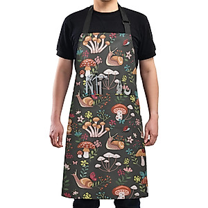 linqin Mushroom with Snails Aprons for Women Men Adjustable Bib Kitchen Chef Apron with 2 Pockets Long Ties for Cooking, BBQ
