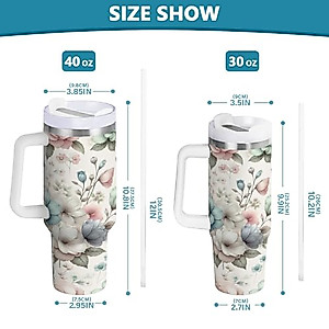 Jihqo Pure Flowers 40 oz Stainless Steel Vacuum Insulated Tumbler with Handle and Straw Lid, Leakproof Water Bottle Double Wall Travel Mug Coffee Cup, Cupholder Friendly