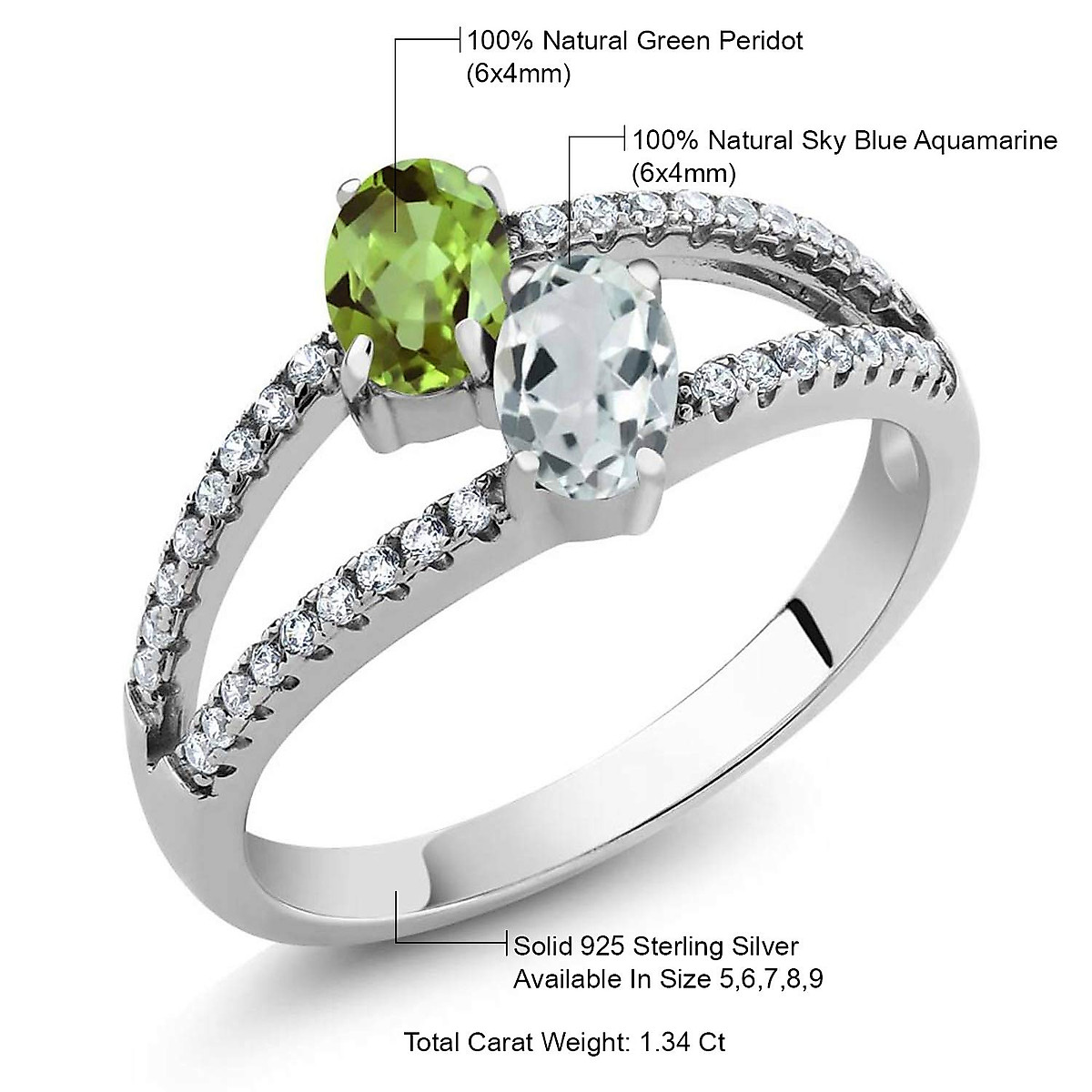 Gem Stone King 925 Sterling Silver Green Peridot and Sky Blue Aquamarine 2 Stone Women's Ring 1.34 cttw (Size 8)