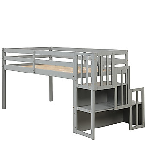 CITYLIGHT Low Loft Bed with Staircase,Twin Size Kids Loft Bed with Step Storage,Wood Loft Bed Frame Twin with Safety Guardrails for Girls, Boys,Grey