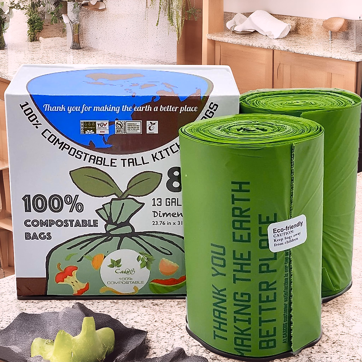 Cacus 100% Compostable Trash Bags, 13 Gallon/49.2L, 80 Count, Heavy Duty 0.90 Mils Thickness, Tall Kitchen Trash Bags, Food Waste Bags, US BPI ASTM D6400 and Europe OK Compost Home Certified