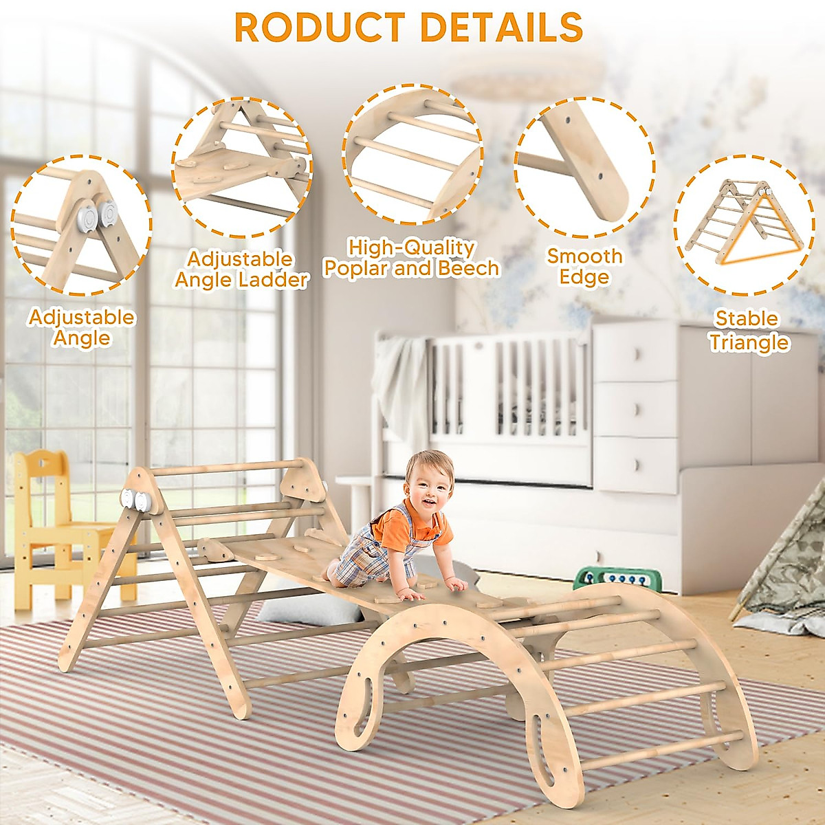 Climbing Toys for Toddlers, Multifunction Toddler Climbing Toys Indoor, Montessori Wooden Triangle Climbing Toys with Sliding Ramp, Multifunction Montessori Play Gym Climbing Toys for Toddlers