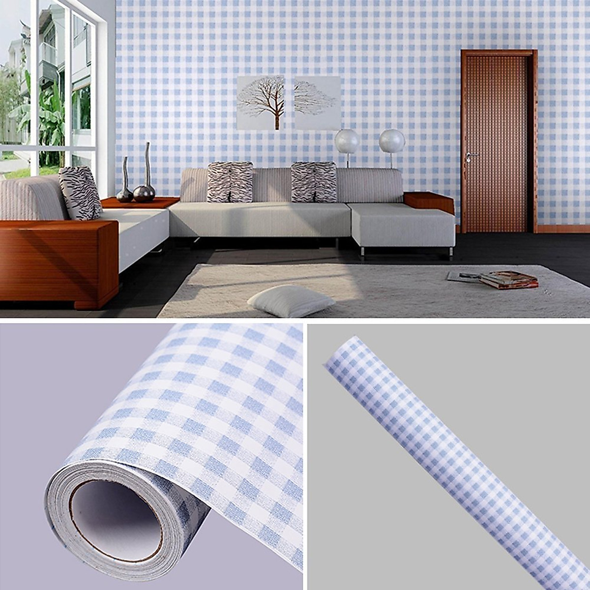 Self Adhesive Vinyl Decorative Blue Gingham Contact Paper Shelf and Drawer Liner 17.7x78 Inch