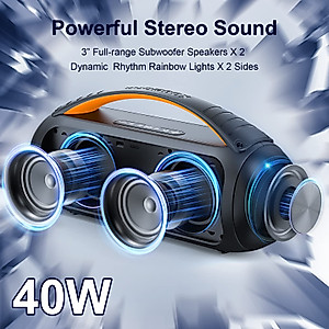 Portable Bluetooth Speaker, Loud Boombox Speaker with Subwoofer, Powerful Deep Bass Stereo Sound, IP65 Waterproof, Wireless Outdoor Speaker for Camping, Beach, Party, Support TWS/USB/TF Card/AUX