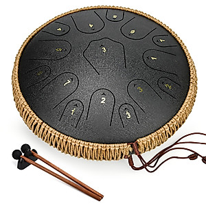 14 Inch 15 Note Steel Tongue Drum Qingshi Percussion Instrument Hand Pan Drum with Drum Mallets Carry Bag，Used for music education concert spiritual healing yoga meditation (14 Inch 15 Note-Green)