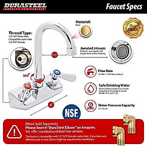 Kitchen Sink No Lead Faucet - DuraSteel 4" Center Wall Mounted Commercial Kitchen Sink Faucet with 3-1/2" Gooseneck Spout - NSF Certified - Dual Lever Handles - Brass Constructed & Chrome Polished
