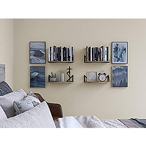 Wallniture Minori Floating Shelves Set of 4, Small Bookshelf Unit for Bedroom, Office, Bathroom, and Living Room, Natural Burned Rustic Wood Wall Decor with Metal Floating Shelf Bracket