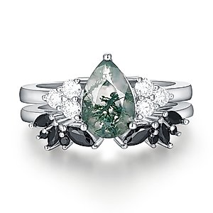 IRROYA 6x9mm Natural Pear Cut Moss Agate Bridal Ring Set,Cluster Genuine Moissanite Engagement Ring,V Shaped Open Ring Band, Sterling Silver Platinum, moss agate