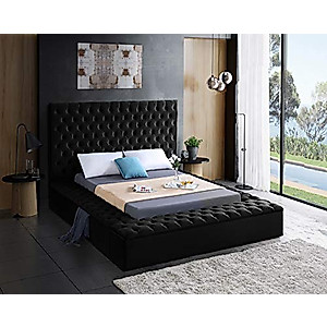 Meridian Furniture Bliss Collection Modern | Contemporary Velvet Upholstered Bed with Deep Button Tufting and Storage Compartments in Rails and Footboard, Black, King