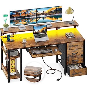 AODK 63 Inch Computer Desk with Power Outlet and LED Light, Office Desk with Fabric Drawer and Keyboard Tray, Gaming Desk with Adjustable PC Shelf and Monitor Stand, Desk for Bedroom with USB, Vintage