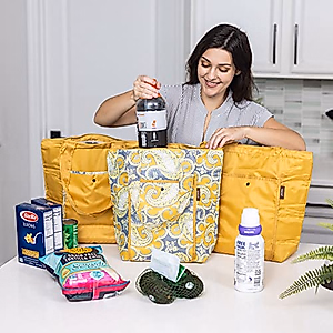 Sachi 3 Piece Market Tote Set – Insulated Thermal Reusable Grocery Bags for Cold and Hot Foods – Lightweight, Portable and Fold-able (Green Tropical Leaf)