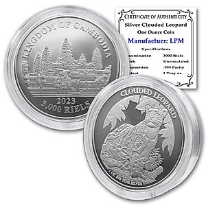 2023 1 oz Cambodian Silver Cambodia Wildlife: Clouded Leopard Coin (in Capsule) with Certificate of Authenticity 3000 Riels BU