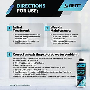 Gritt Commercial Metal Out Stain and Scale Control | Pool, Hot Tub and Spa Chemicals for Scale Metal and Stain Control | Calcium Remover and Scale Preventer | Hardness Decreaser for Hard Water 32oz