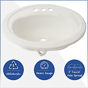 American Built Pro Lavatory Sink 20" x 17" x 7.5" Oval Shape White Color for Mobile Homes RVMH ABS Rust Free 3 Hole Heavy Duty Sink Perfect for RV, Bathroom, Bar, Farm, Mancave, Basement