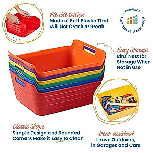ECR4Kids Bendi-Bins with Handles, Multipurpose Flexible Plastic Storage Baskets, Stackable Baskets, Soft Plastic Storage Bin, 13in x 10in, 6-Piece - Assorted