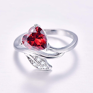 Narica Women's Created Exquiste 925 Plated Sterling Silver Heart Cut Created Garnet Leaf-shaped Rings Size 6