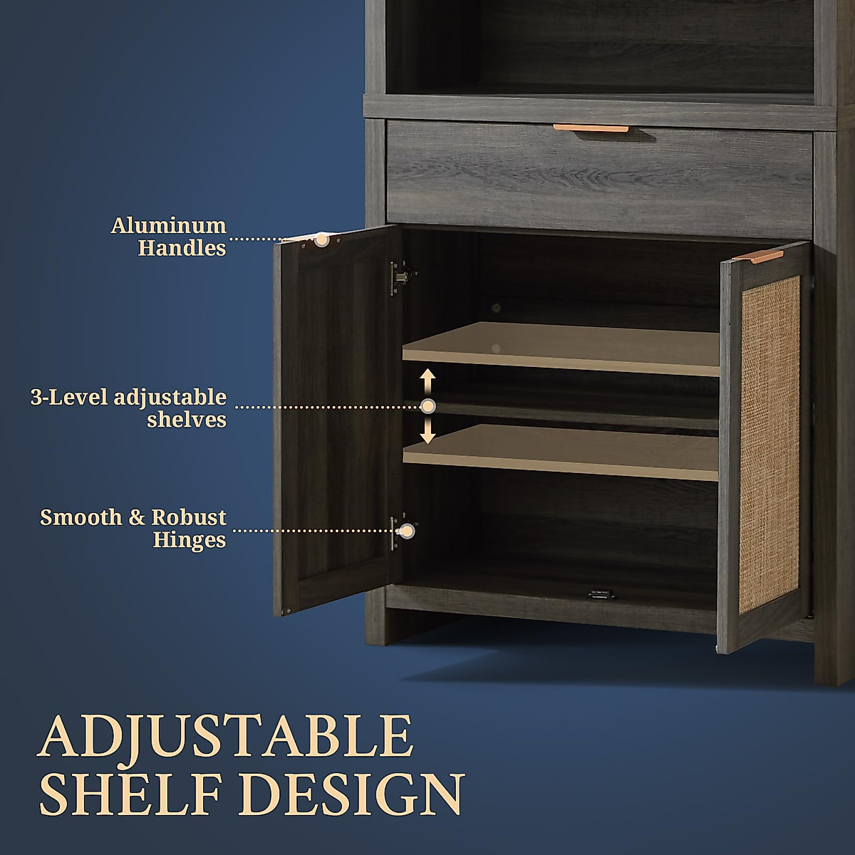 OAKHAM HOME Hampstead Bookcase, Rattan Bookcase with Doors Cabinet and Drawer, 5-Tier Bookshelf, Large Wooden Book Case, Tall Bookshelves for Library Living Room (Midnight Oak, 1 Piece)