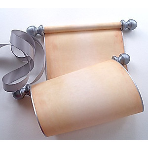 Blank scroll with silver accents, handwritten vows, calligraphy or prop, 5 inches wide aged parchment paper, boxed