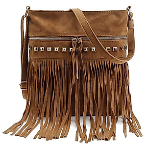 Goclothod Fringe Tassel Crossbody Bag Faux Suede Hobo Shoulder Bag Rivet Tote Purse
