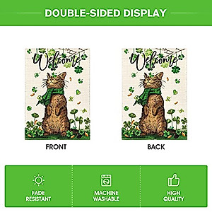 AVOIN colorlife St Patricks Day Welcome Cat Garden Flag 12x18 Inch Double Sided, Shamrock Lucky Clover Rustic Holiday Yard Outdoor Flag