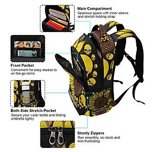 Skull & Sunflowers Backpacks Lightweight Laptop Backpack School Book Bag Travel Hiking Daypack for Women Men Teens Kids