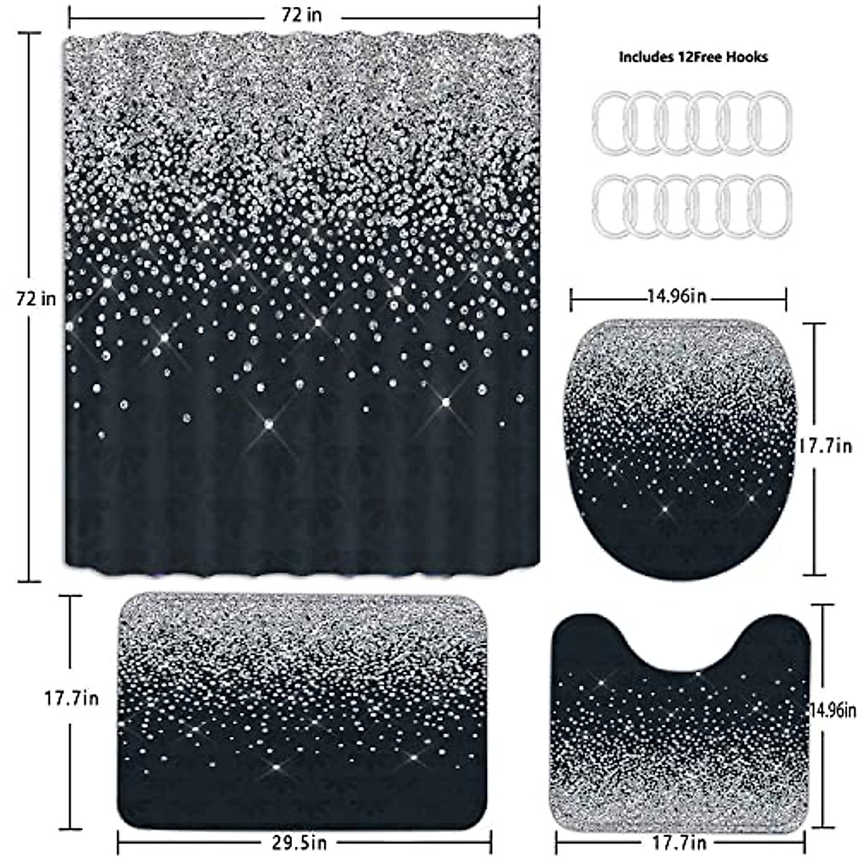 TERSUM Silver Gray Bokeh Diamond Shower Curtain Set,4PCS Bathroom Sets with Shower Curtain and Bath Mat, Toilet Lid Cover and U Shaped Rugs,72"x72" Polyester Fabric Bathtub Curtain with Hooks SETGXTE2