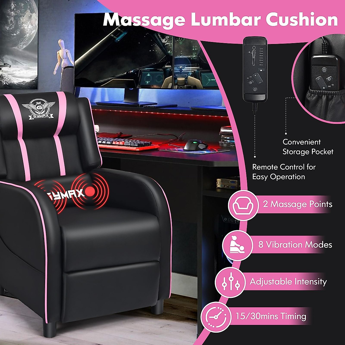 GYMAX Gaming Recliner, Massage Gaming Chair w/Adjustable Footrest, Remote Control & Side Pocket, Ergonomic Game Lounge Chair, Racing Style Single Theater Seat Game Sofa for Adults (Pink)