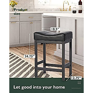 KATDANS Bar Stools Set of 2 - Counter Height Stools - 24 Inch Saddle Stool - PU Leather Kitchen Stools - Black Seat - Black Metal Base, KS861P-Black