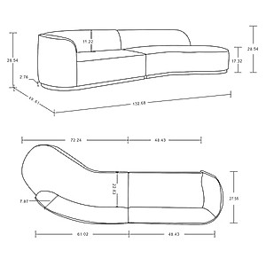 Manhattan Comfort Daria Contemporary 2-Piece Sectional Couch in Linen Upholstery, 132-Inch Living Room Sofa with Pine Wood Frame, Metal Base, High-Density Foam Padding & 2 Accent Pillows, Ivory