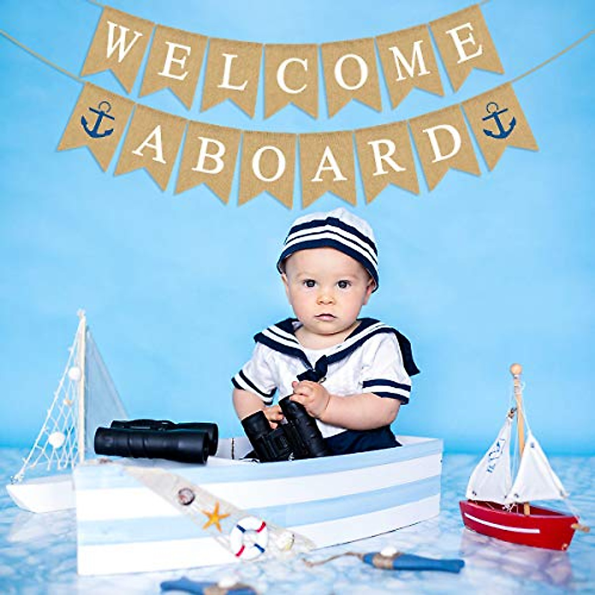 Rainlemon Jute Burlap Welcome Aboard Banner Nautical Boy Baby Shower Birthday Party Nursery Garland Decoration