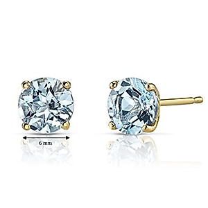 Peora 14K Yellow Gold Genuine Aquamarine Stud Earrings for Women, Classic Solitaire Round Shape, 6mm, 1.50 Carats total, Friction Back