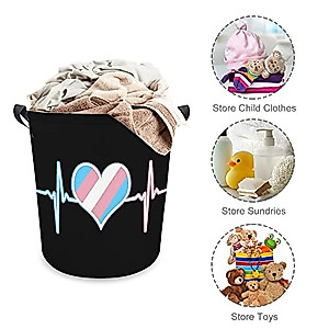 Transgender Flag Heart Beat Foldable Laundry Basket Waterproof Hamper Storage Bin Bag with Handle 16.5"x 16.5"x 17"