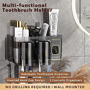 COHOLYTY Wall Mounted Toothbrush Holders with Toothpaste Dispenser,Bathroom Toothbrush Holder Set,2 Cups,6 Brush Slots,2 Cosmetic Organisers (Black, 2CUP)
