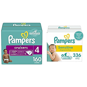 Diapers Size 4, 160 Count and Baby Wipes - Pampers Cruisers Disposable Baby Diapers and Water Baby Wipes Sensitive Pop-Top Packs, 336 Count (Packaging May Vary)