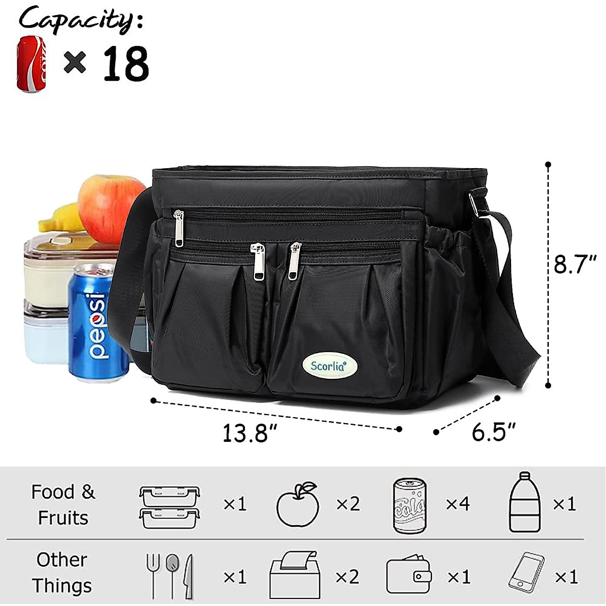 Scorlia Insulated Lunch Bag for Women/Men, Large Leakproof Cooler Box, Reusable Lunch Organizer with Side Pockets, Durable One Shoulder Crossbody Lunch Bag for Work, Picnic, Beach, Black