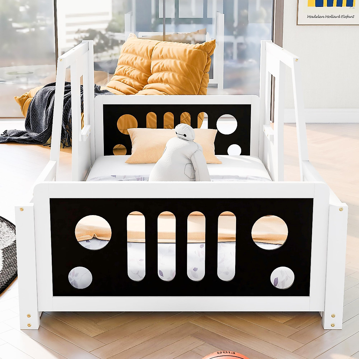 Floor Bed Twin Size Car-Shaped Platform Bed with Wheels, Montessori Bed Frame with Fence and Door, Solid Wood Twin Bed Frame, Slats Included, No Box Spring Needed (Twin Size, White)