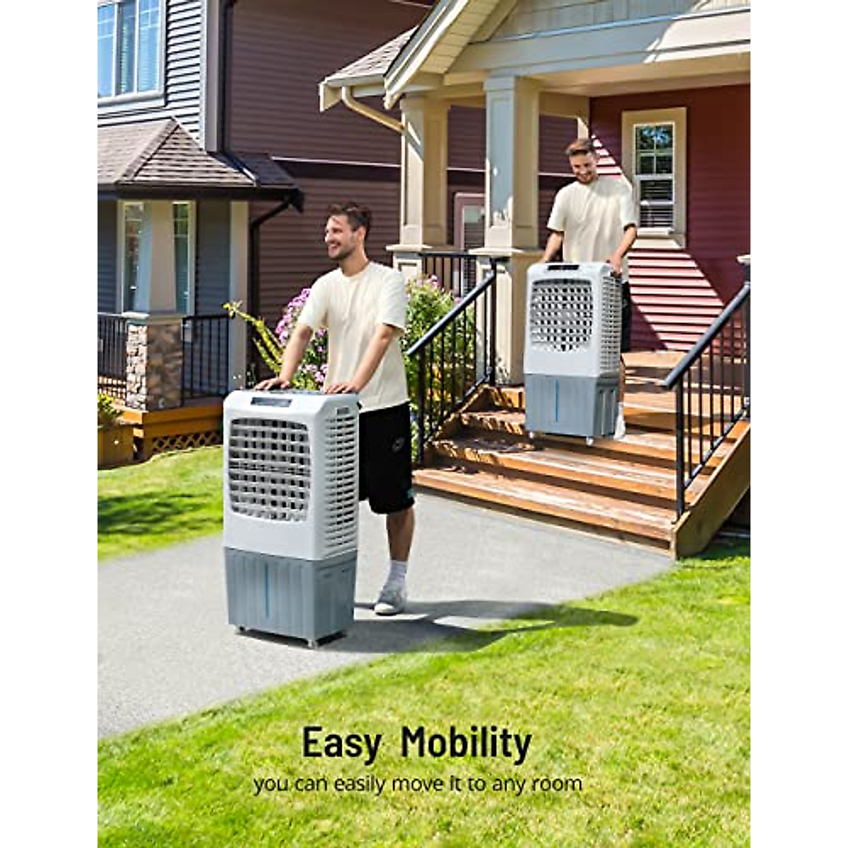 Evaporative Cooler, Windowless Air Conditioner Swamp Cooler with 4 Ice Packs & 2943CFM Fan Evaporative Cooler Humidifier with 10.6 Gal Water Tank Remote Control Scroll Casters for Home Garage Office